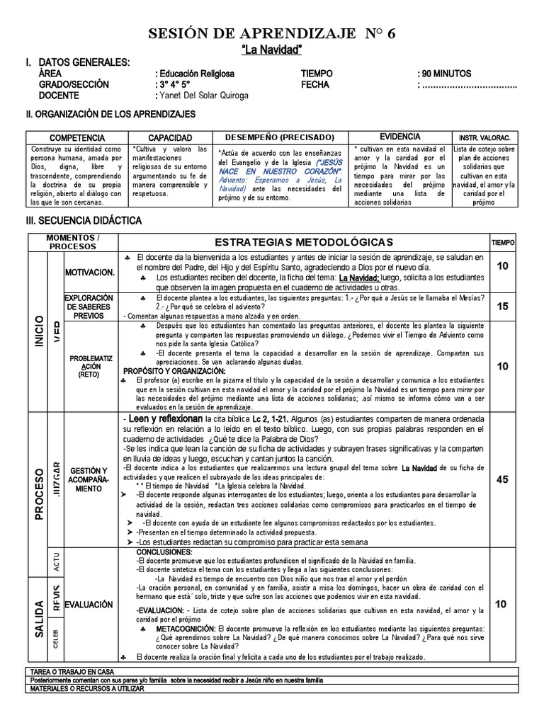 Sesión de Aprendizaje N 6 | PDF | Navidad | Maestros