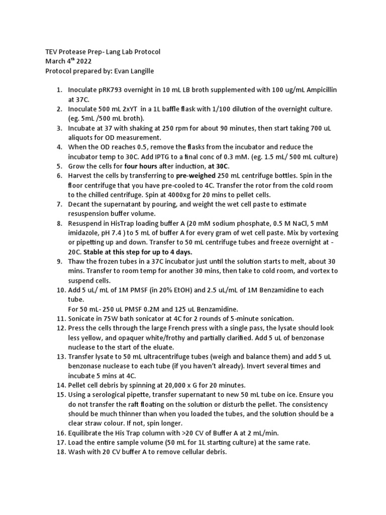 TEV Protease Prep - Scribd | PDF | Analytical Chemistry | Laboratory Techniques
