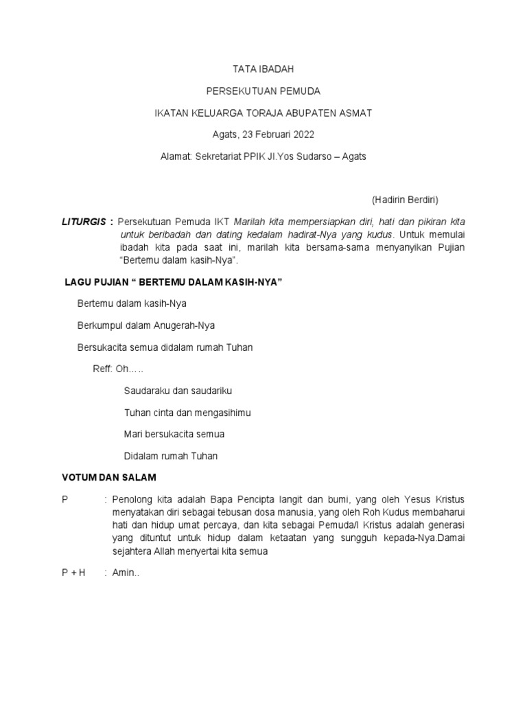 Liturgi Ibadah Pemuda Ikt TGL 23 Feb 2022 | PDF
