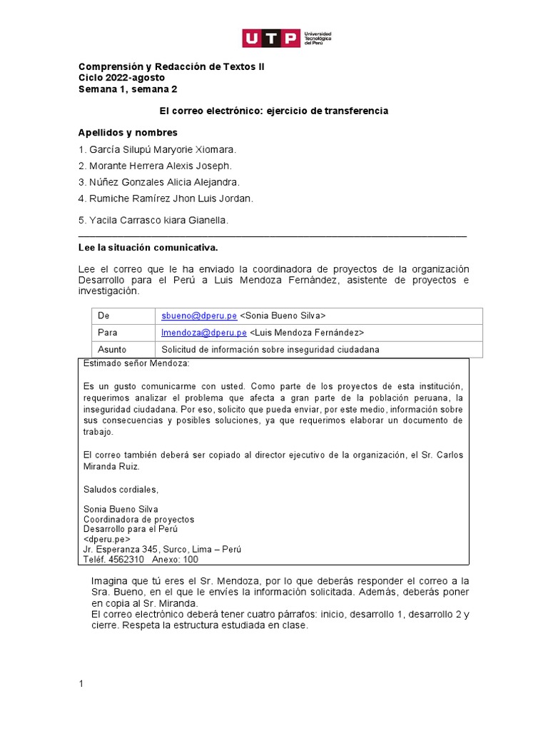 S01 y S02 - El Correo Electrónico - Ejercicio de Transferencia - Formato | PDF | Perú | Policía