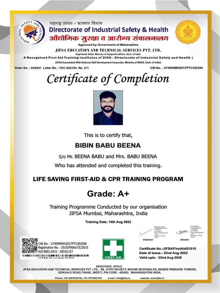 Certificate of Completion for Life Saving First-Aid and CPR Training ...