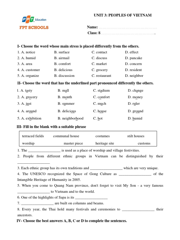 Unit 3 - Worksheet Grade 8 | PDF