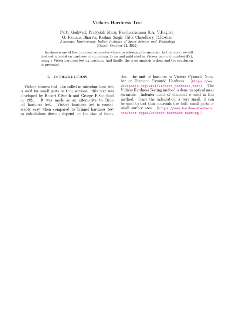 Vickers Hardness Test | PDF