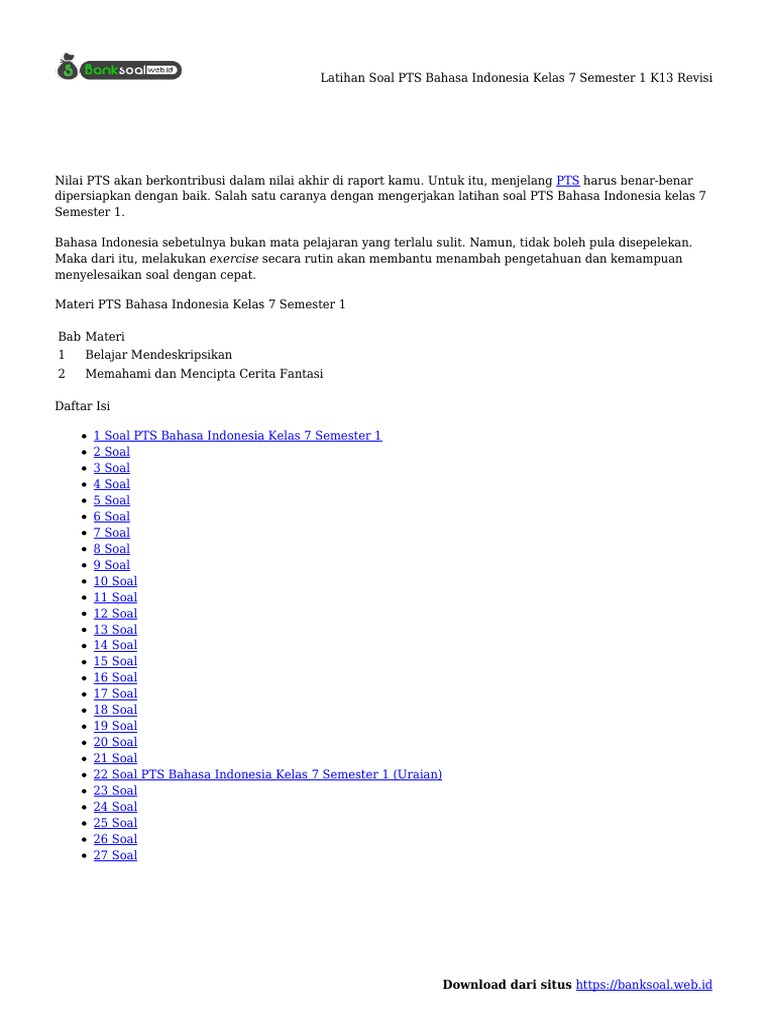Latihan Soal PTS Bahasa Indonesia Kelas 7 Semester 1 K13 Revisi | PDF | Seni & Disiplin Bahasa