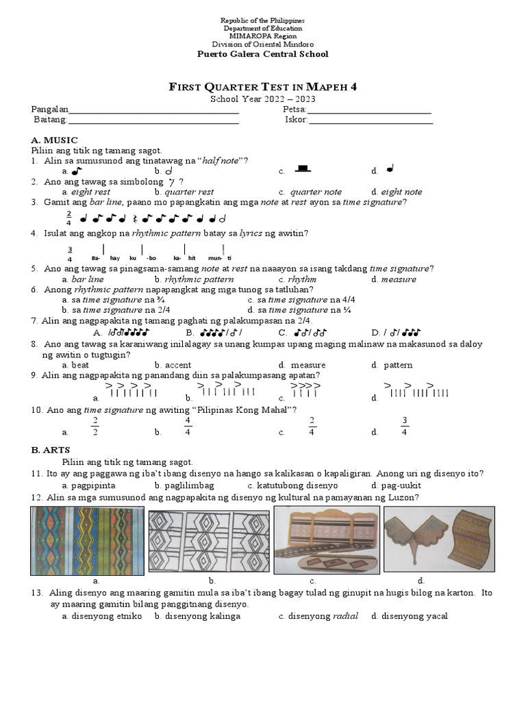 First Quarter Test in Mapeh 4 | PDF