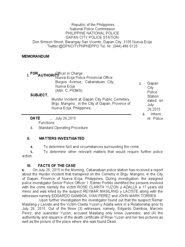 Gapan City Cemetery Murder Case Report | PDF | Crimes | Crime & Violence