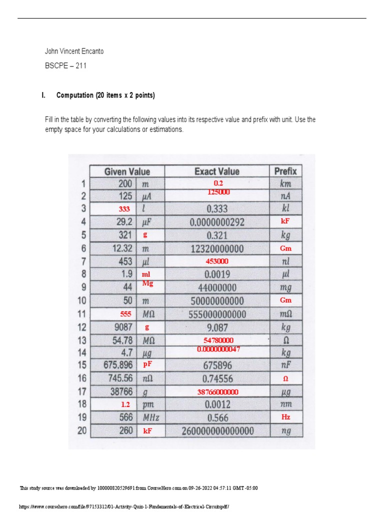 I. Computation (20 Items X 2 Points) : John Vincent Encanto BSCPE - 211 | PDF