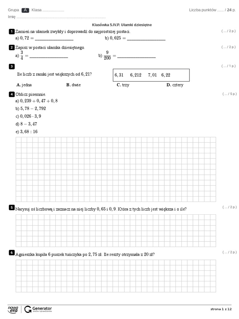 Klasówka 5.IV.P. Ułamki Dziesiętne Test - Ekowydruk | PDF