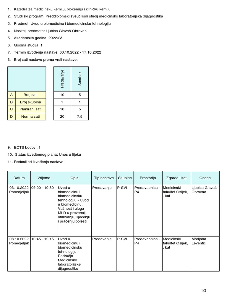 Izvedbeni - Plan - Uvod U Biomedicinu I Biomedicinsku Tehnologiju - Kopija | PDF