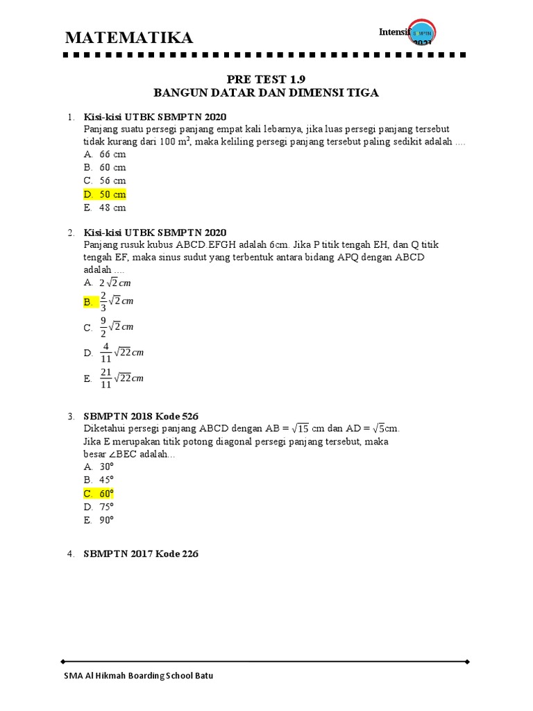 Pretest 1.9 Bangun Datar Dan Dimensi Tiga | PDF | Sains & Matematika