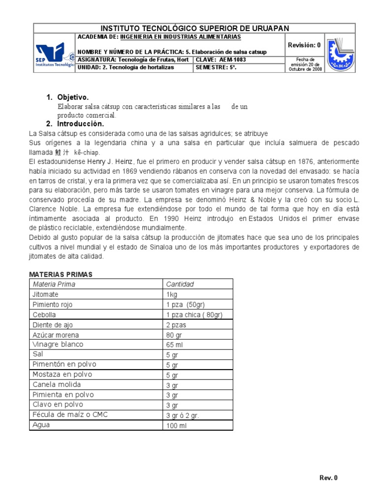 Práctica No.7 Elaboración de Salsa Catsup - 1 | PDF | Salsa de tomate ...