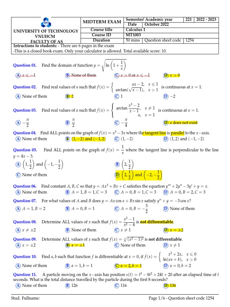 Calculus 1 Midterm Exam Questions | PDF | Tangent | Volume