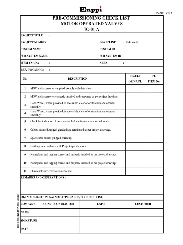 Pre-commissioning checklist for motor operated valves | PDF | Valve ...