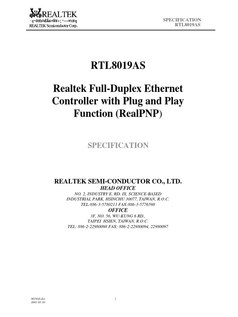 RTL8019AS | PDF | Input/Output | Ethernet