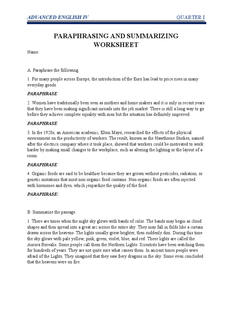 Paraphrasing and Summarizing Worksheet | PDF | Aurora