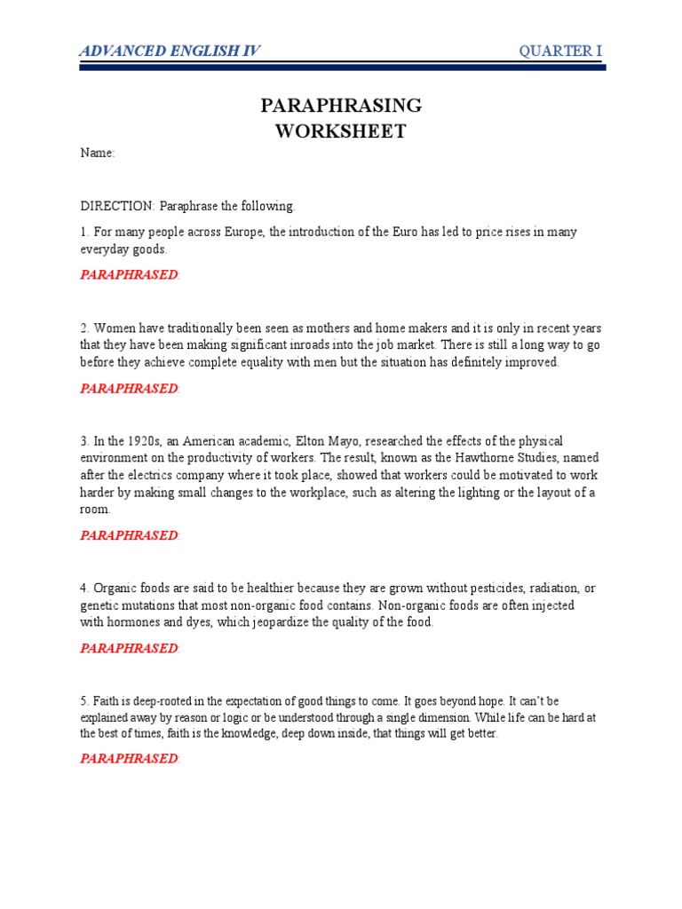 Paraphrasing Worksheet | PDF