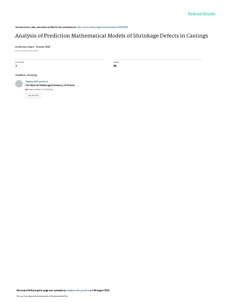 Analysis Of Prediction Mathematical Models Of Shrinkage Defects In Castings Pdf Casting