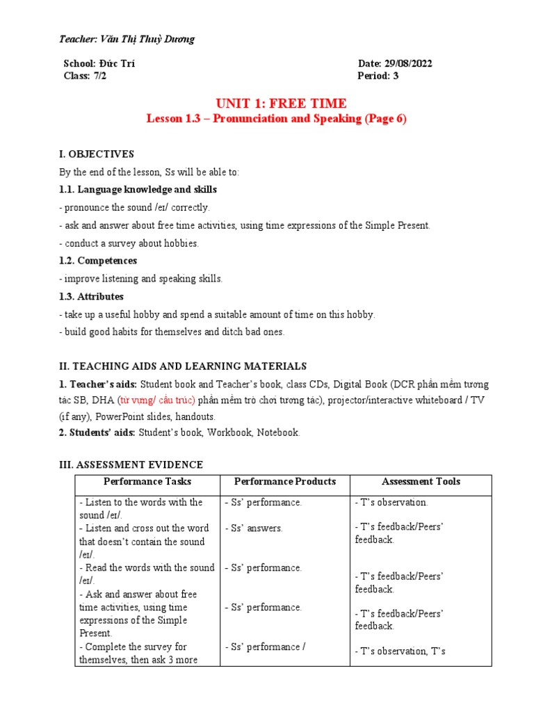 L P 7.2 - UNIT 1 - LESSON 1 - PART 3 - Pronunciation and Speaking | PDF | Cognition | Learning