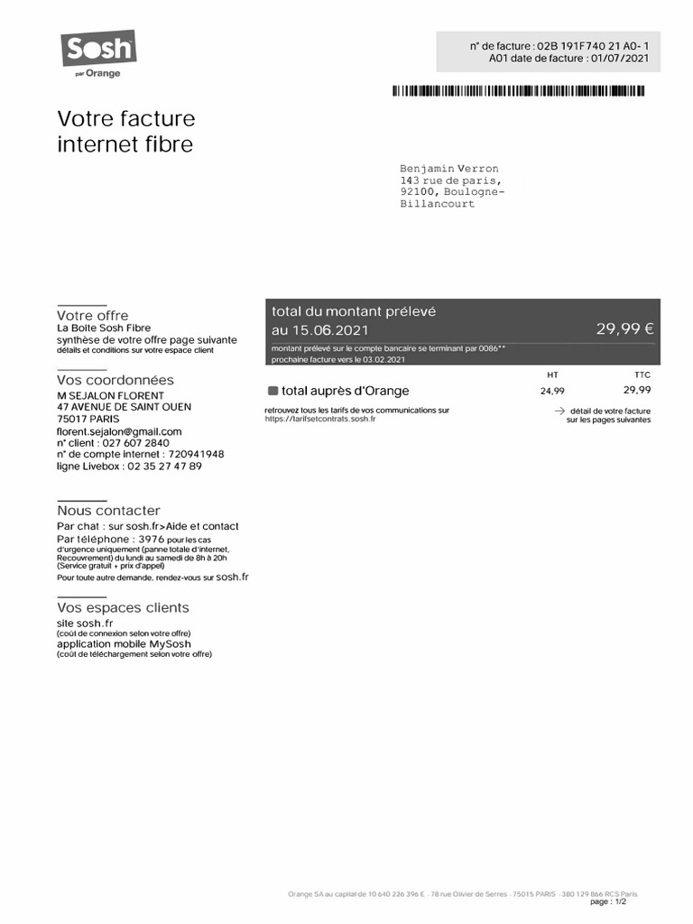 Facture Internet Fibre Sosh - Juillet 2021 | PDF | Secteurs du service ...