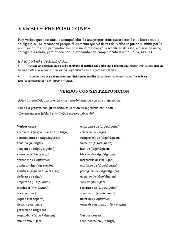 Uso de Preposiciones con Verbos en Español | PDF | Preposición y ...