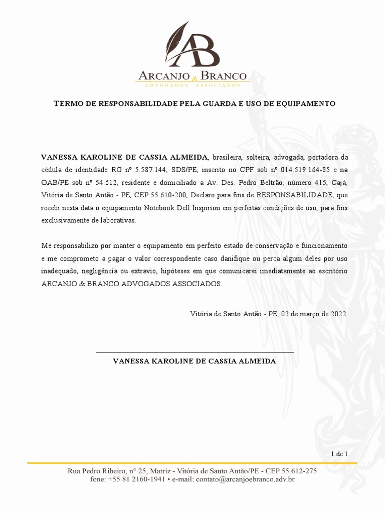 Termo de Responsabilidade Pela Guarda e Uso de Equipamento - Vanessa | PDF