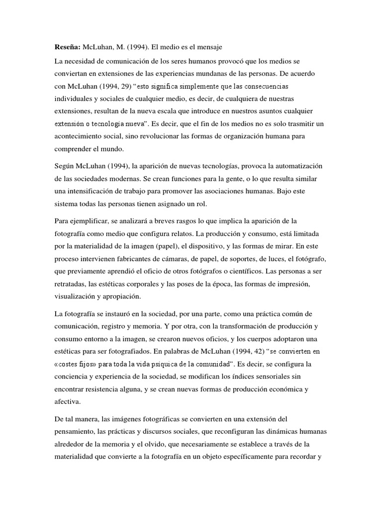 RESEÑA EL MEDIO ES EL MENSAJE | PDF | Sociedad | Memoria