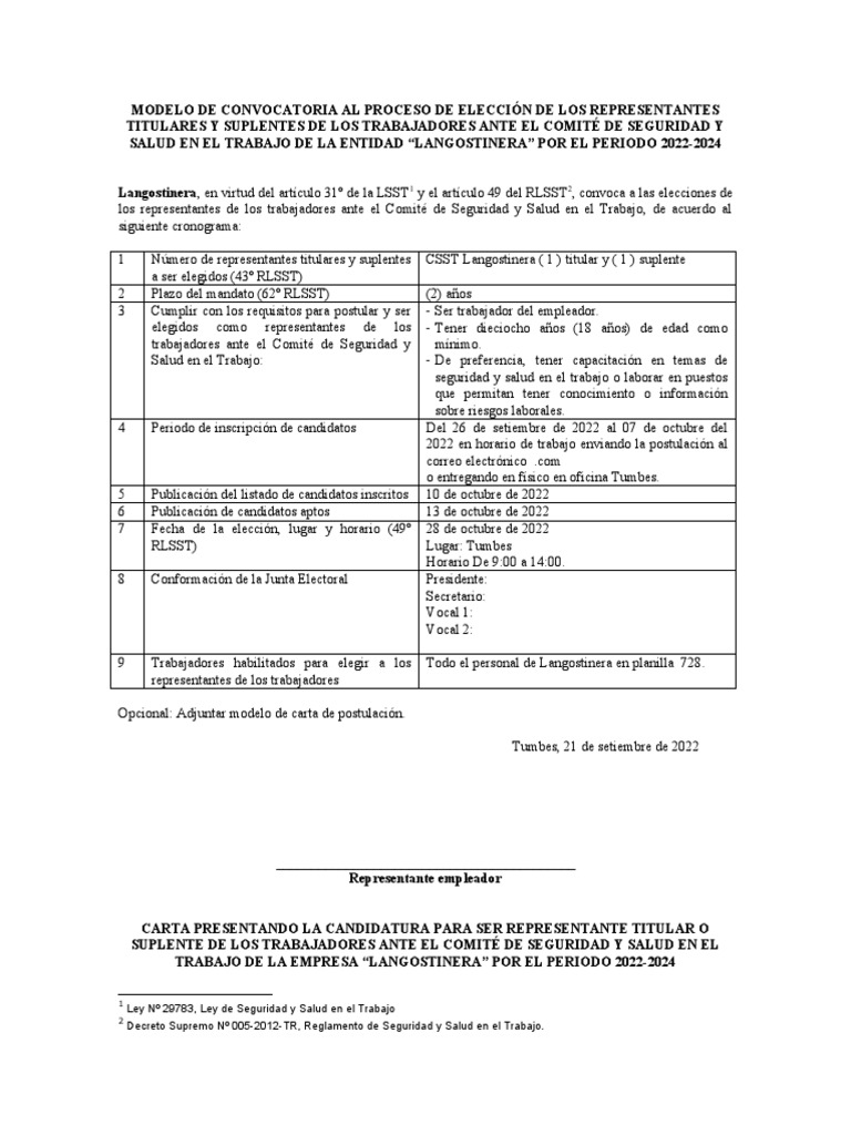 Modelo de Convocatoria A Elecciones - CSST Word | PDF | Votación | Votación