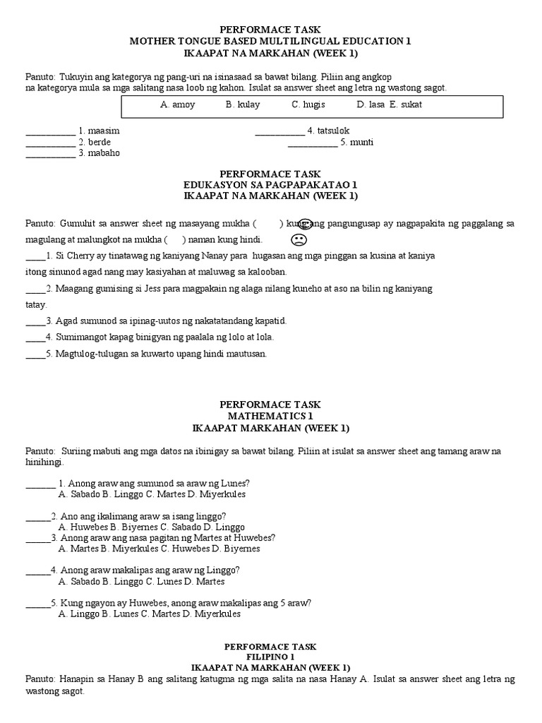 21 22 Q4 W1 W2 Performance Task | PDF