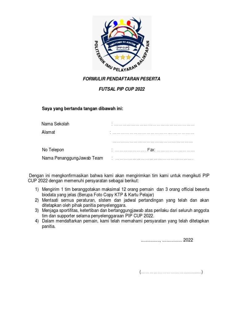 Pendaftaran Futsal PIP Cup 2022 | PDF