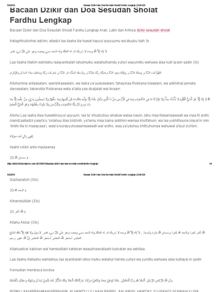 Bacaan Dzikir Dan Doa Sesudah Sholat Fardhu Lengkap Dzikir20 Pdf