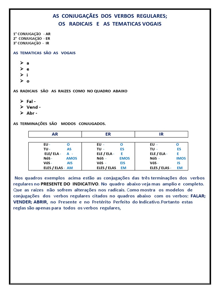 Conjugações verbo regular e formas verbais | PDF | Linguística ...