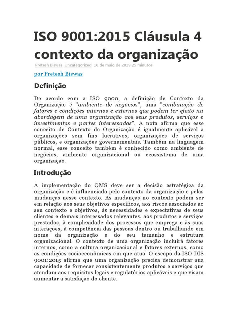 ISO 9001 2015 Cláusula 4 Contexto Da Organização | PDF | ISO 9000 ...