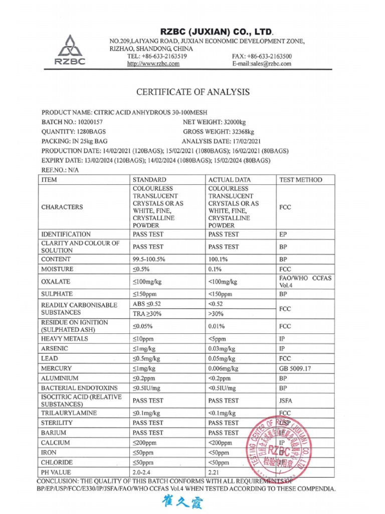 Acido Citrico Anhidro RZBC (Bolx25kg) N°m 5000020 LT 10200157 Oc 2301 | PDF