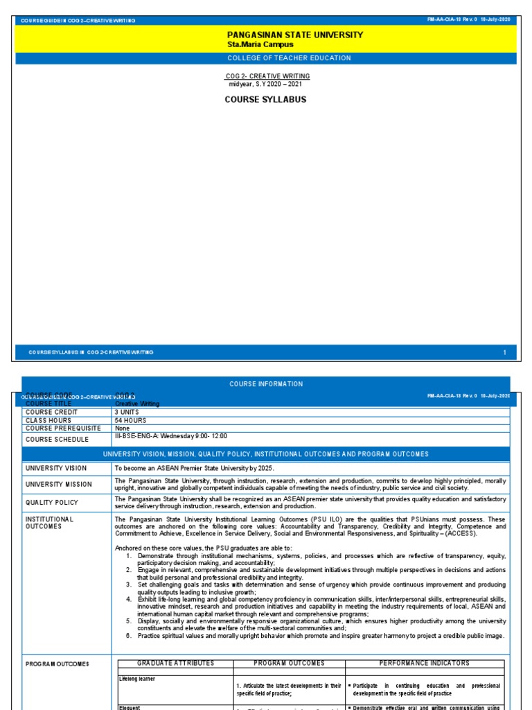 COG 2 Creative Writing Syllabus 1 | PDF | Lifelong Learning | Learning