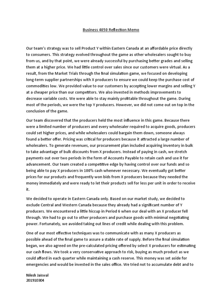 Business 4050 Reflection Memo | PDF | Prices | Business