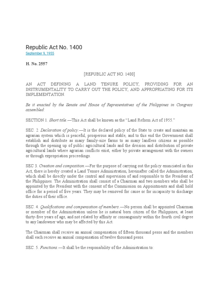 Land Reform Act of 1955 Overview | PDF | Eminent Domain | Debt