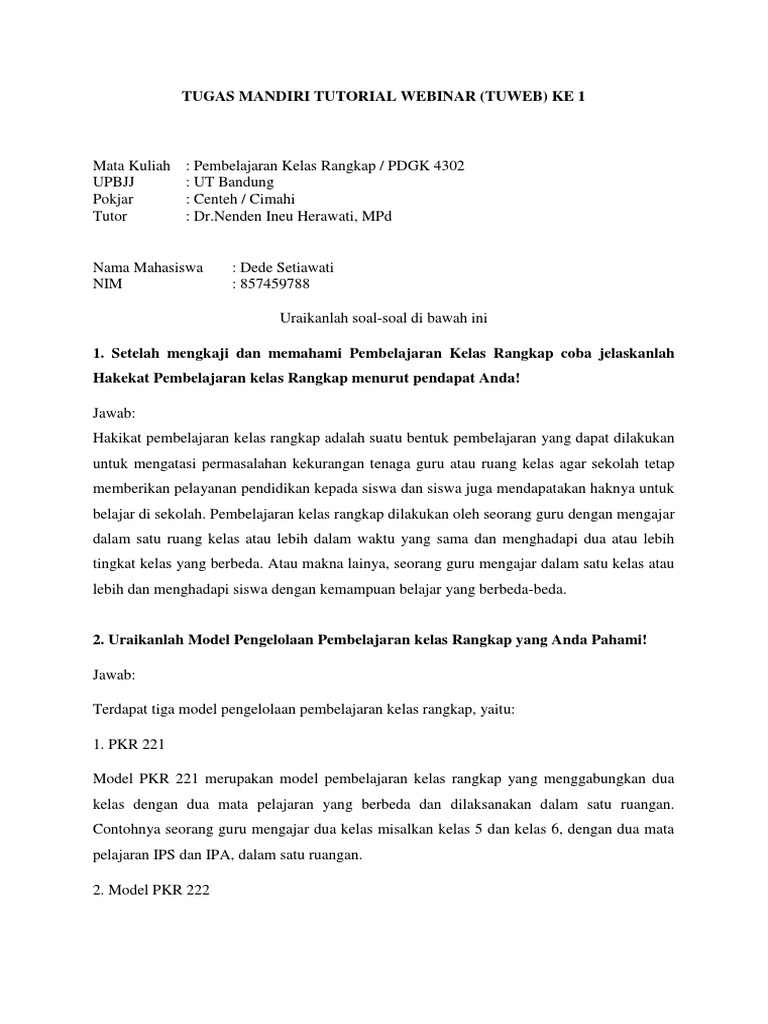 857459788, Dede Setiawati, Tugas Mandiri 1, Pembelajaran Kelas Rangkap | PDF | Karier & Perkembangan
