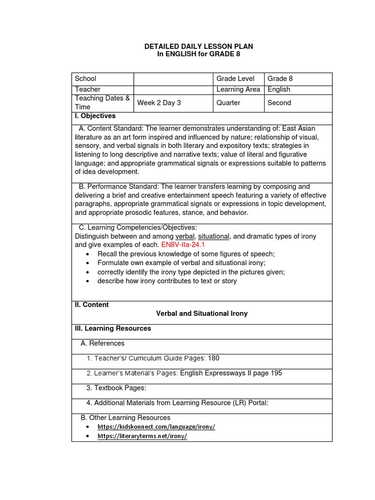 Grade 8 Lesson on Irony and Figures of Speech | PDF | Irony | Learning