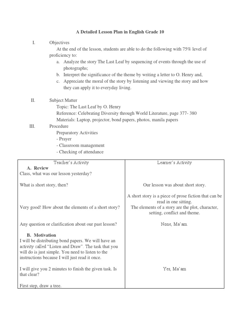 Lesson Plan: The Last Leaf Analysis | PDF | Lesson Plan | O. Henry