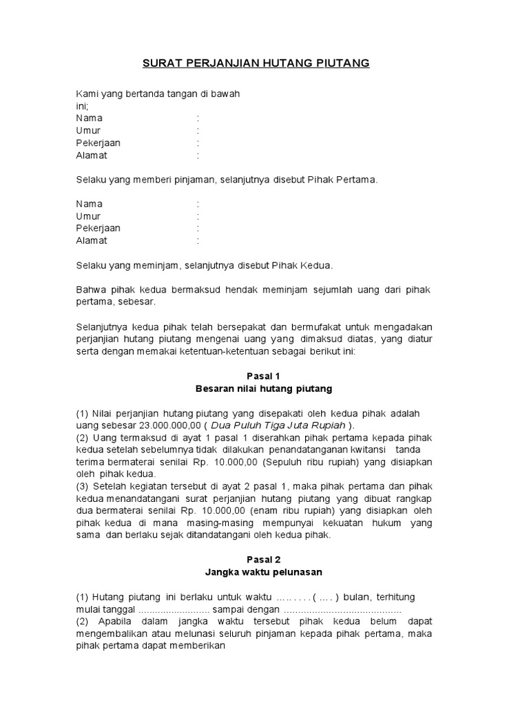 Contoh Surat Perjanjian Hutang Piutang | PDF