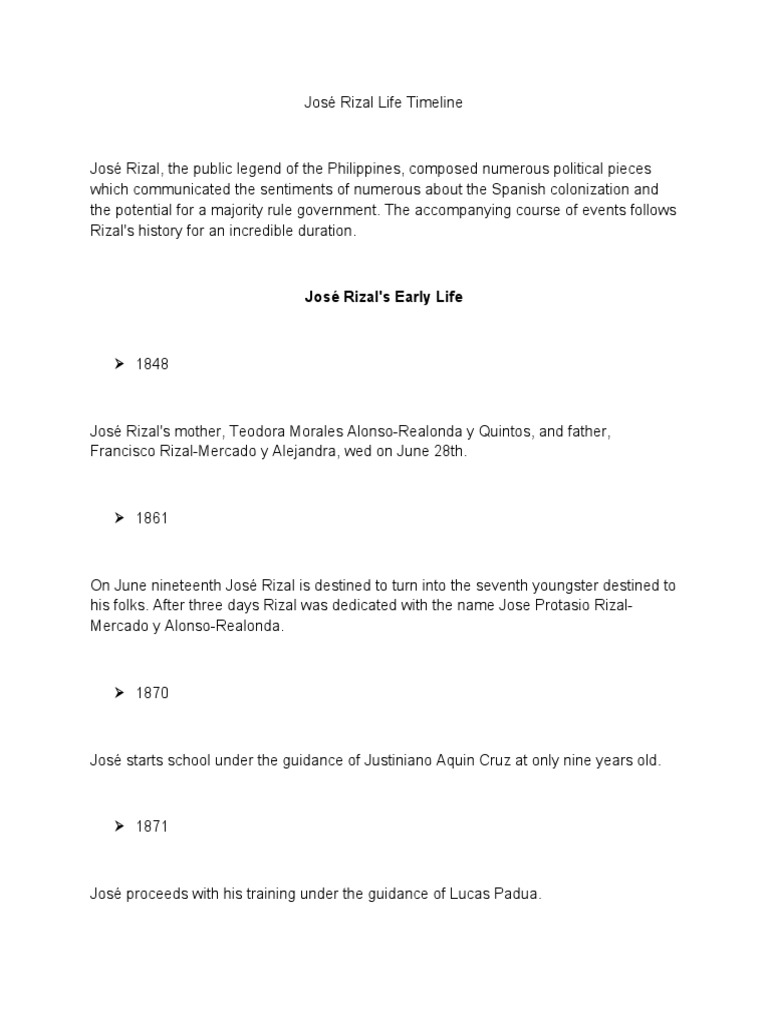 José Rizal Life Timeline | PDF | Manila | Philippines José Rizal Life Timeline | PDF | Manila | Philippines