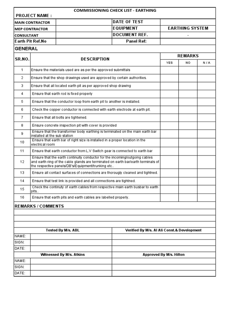Elec Check List - Earthing System | PDF | Components | Power Engineering
