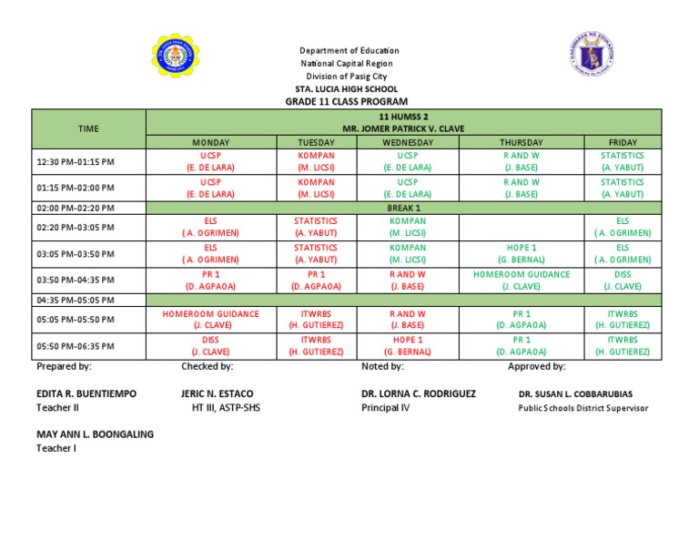 Grade 11 Class Schedule Sta. Lucia HS | PDF