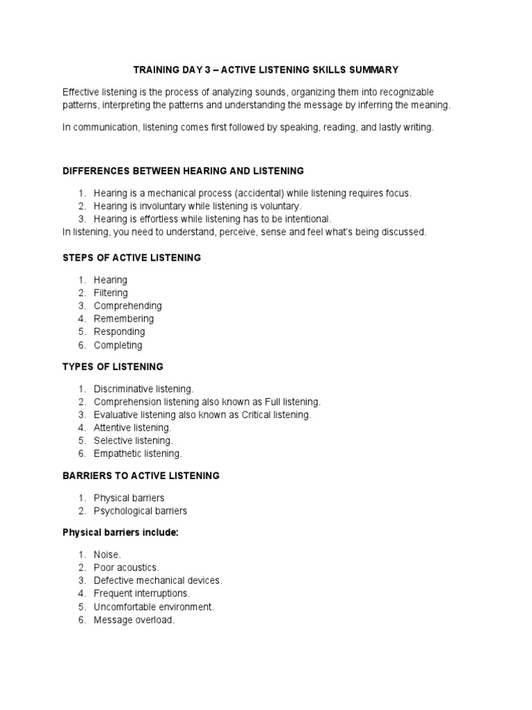 Active Listening Skills Summary | PDF