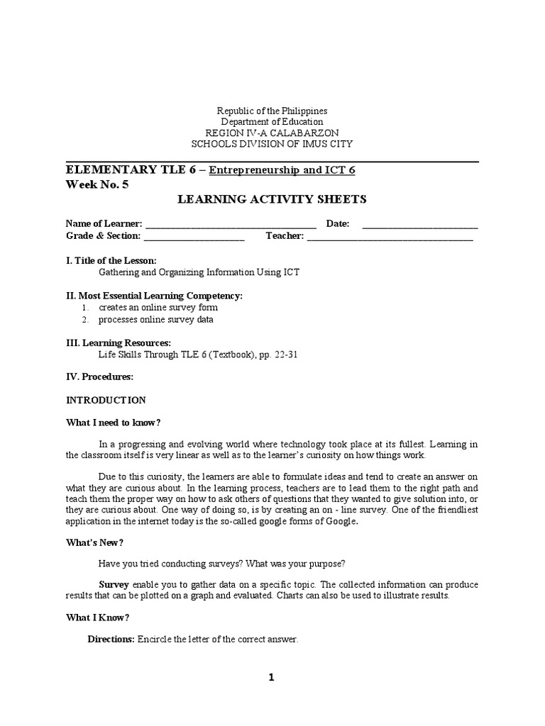 Tle Ict6 Las Week5 Pdf Survey Methodology Educational Technology