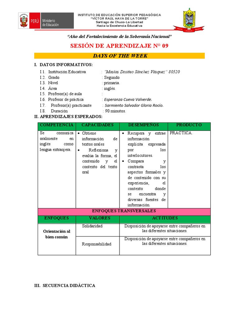 Sesion de Aprendizaje, LOS DIAS DE LA SEMANA . | PDF | Maestros ... Sesion de Aprendizaje, LOS DIAS DE LA SEMANA . | PDF | Maestros ...