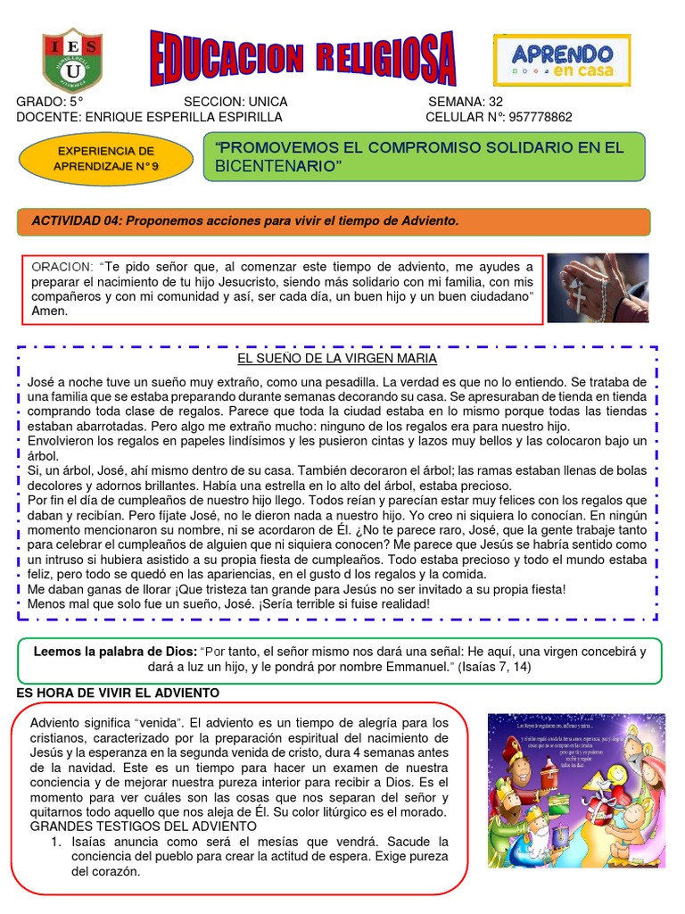 Ficha de 5° Religion Semana 32 | PDF | Adviento | María, madre de Jesús