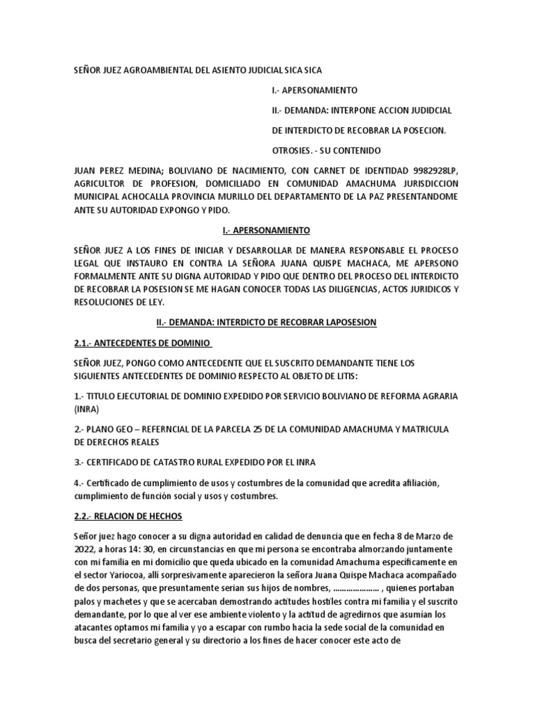 Señor Juez Agroambiental Del Asiento Judicial Sica Sica | PDF | Justicia | Crimen y violencia