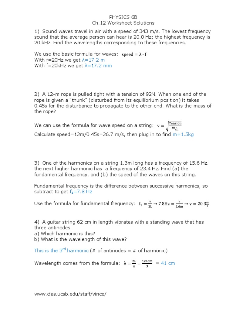 Physics 6B Ch12worksheet Solutions | PDF | Harmonic | Frequency