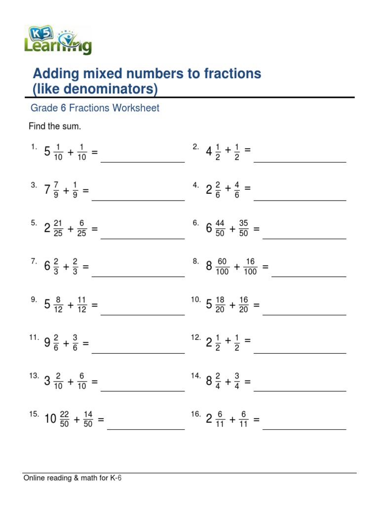 Grade 5 Adding Mixed Numbers Fractions Like Denominators A | PDF ...